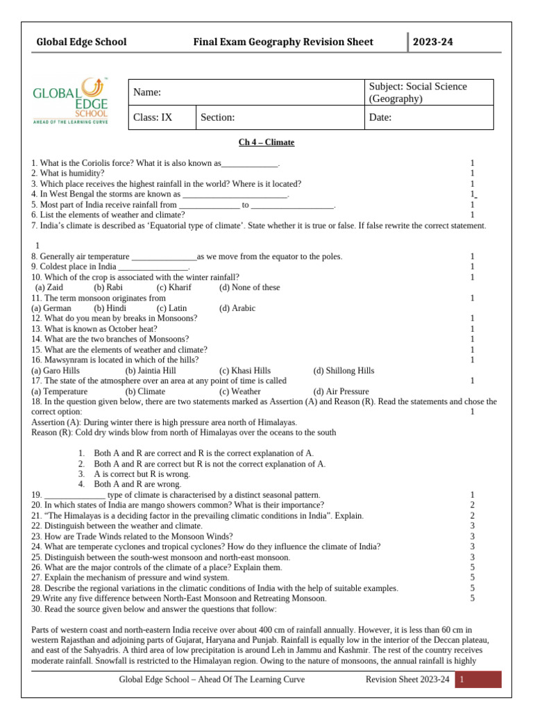 Name: Subject: Social Science (Geography) Class: IX Section: Date | PDF | Monsoon | Earth Sciences