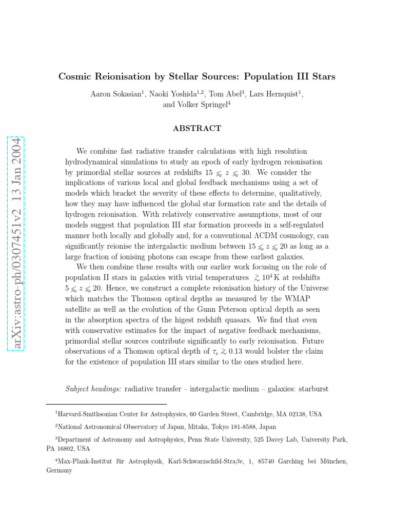 Cosmic Reionization by Population III Stars | PDF | Stars | Cosmic Microwave Background