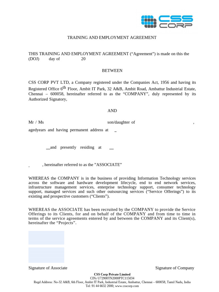 CSS Corp Training and Employment Agreement | PDF | Trade Secret ...