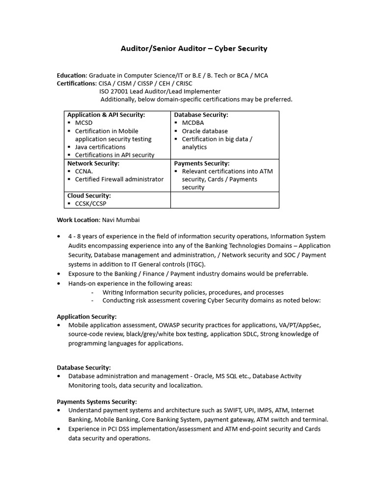 Auditor Senior Auditor - Cyber Security | PDF | Security | Computer ...