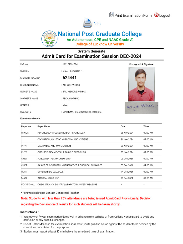 Examination Form _ NPGC | PDF