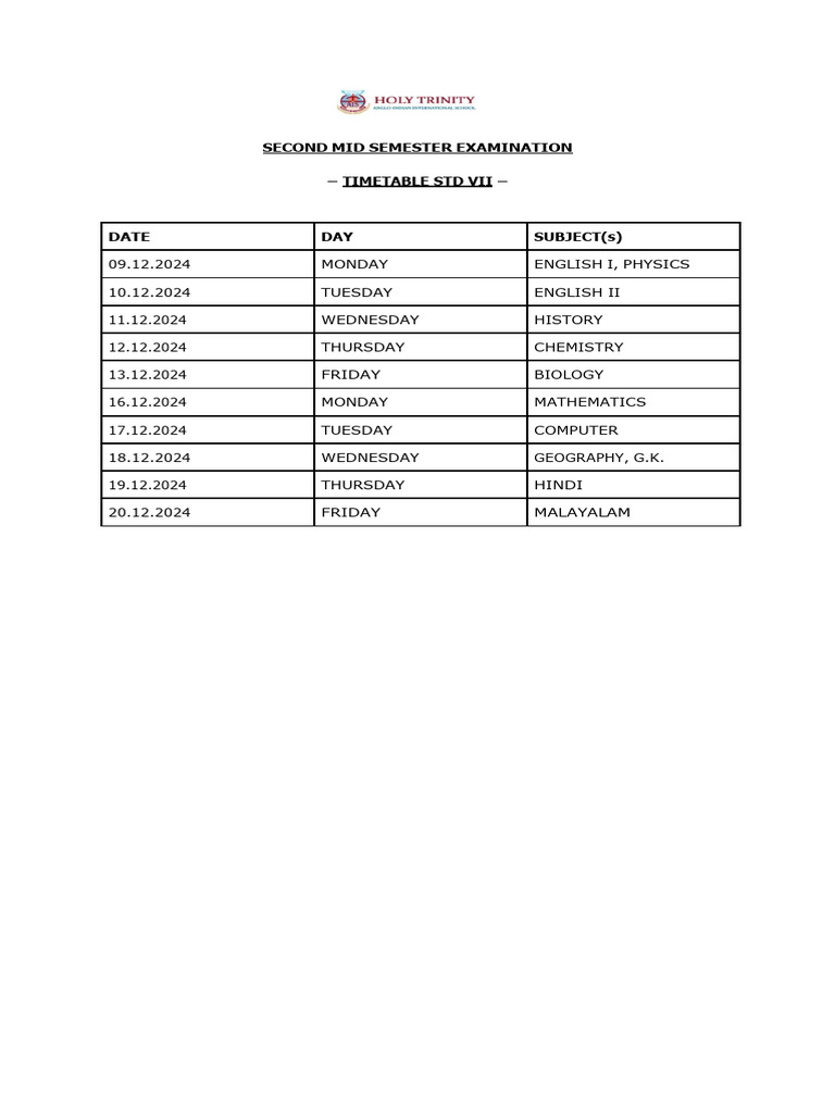 Timetable & Portions - Second Mid-Semester Examination - Standard Vii | PDF | Mathematics