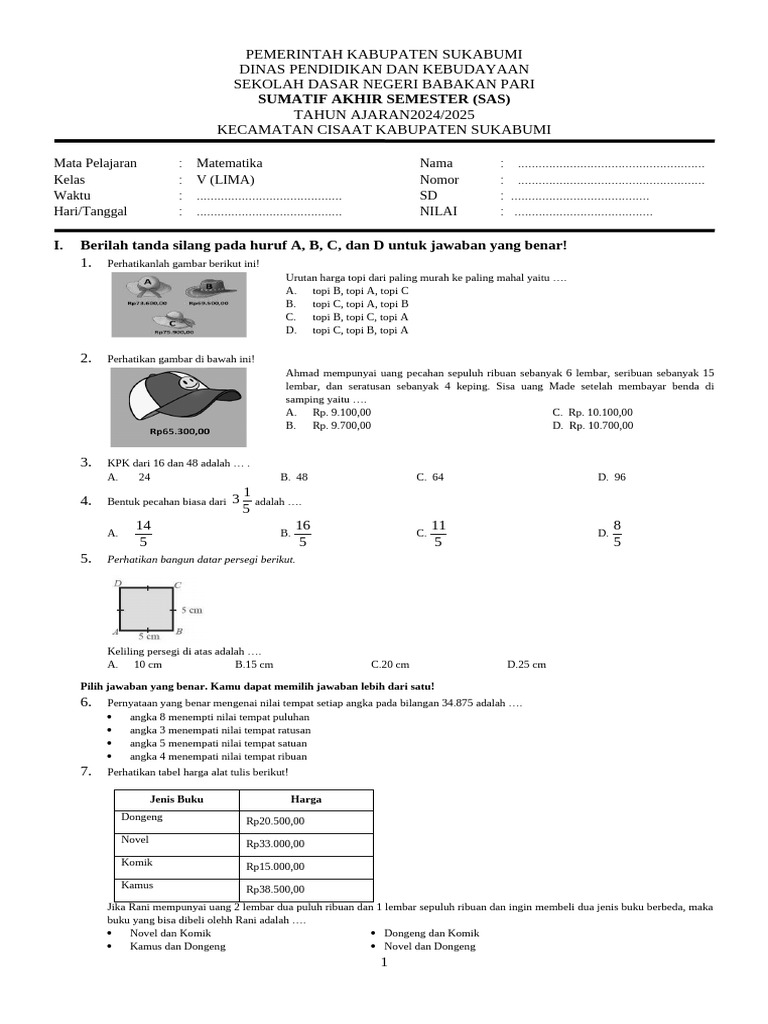 Soal Sas Matematika Ganjil Kelas 5 | PDF