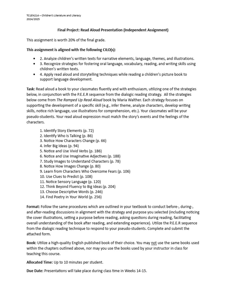 Read Aloud Assignment 2024-2025 | PDF | Reading Comprehension | Applied Linguistics