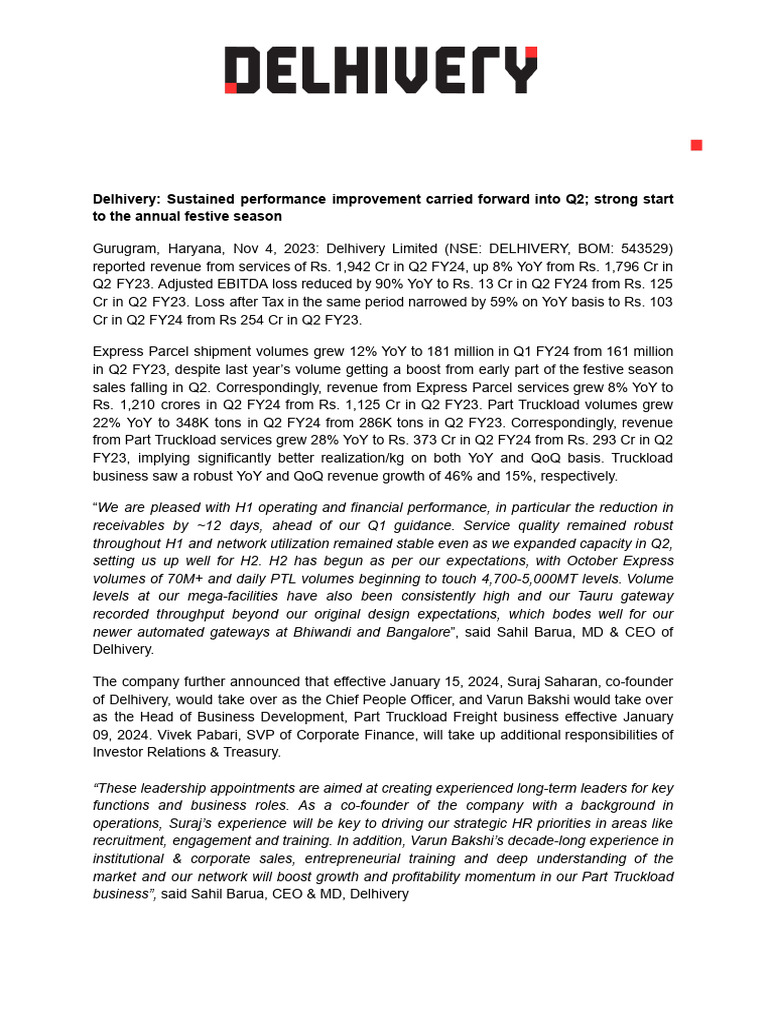 Delhivery Q2FY24 Results 1699094481 | PDF | Cargo | Logistics