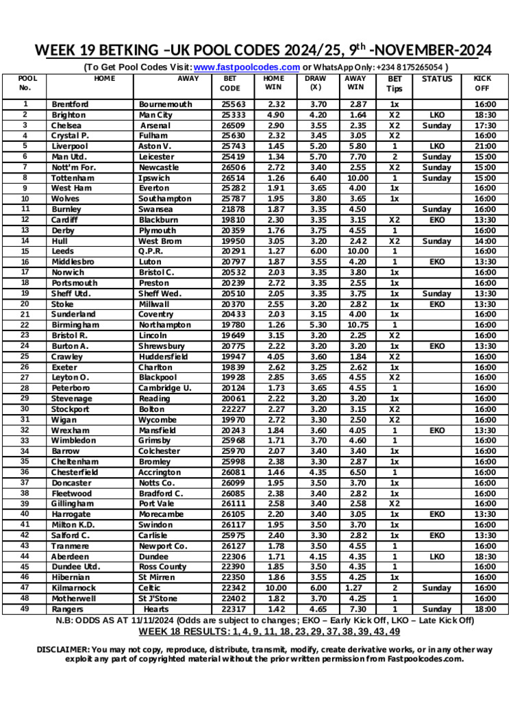 Week 19 Betking Uk Pool Codes | PDF | English Football League | Association Football