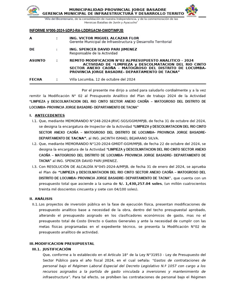 Informe N°006-2024 Mod02. Analitico | PDF | Presupuesto