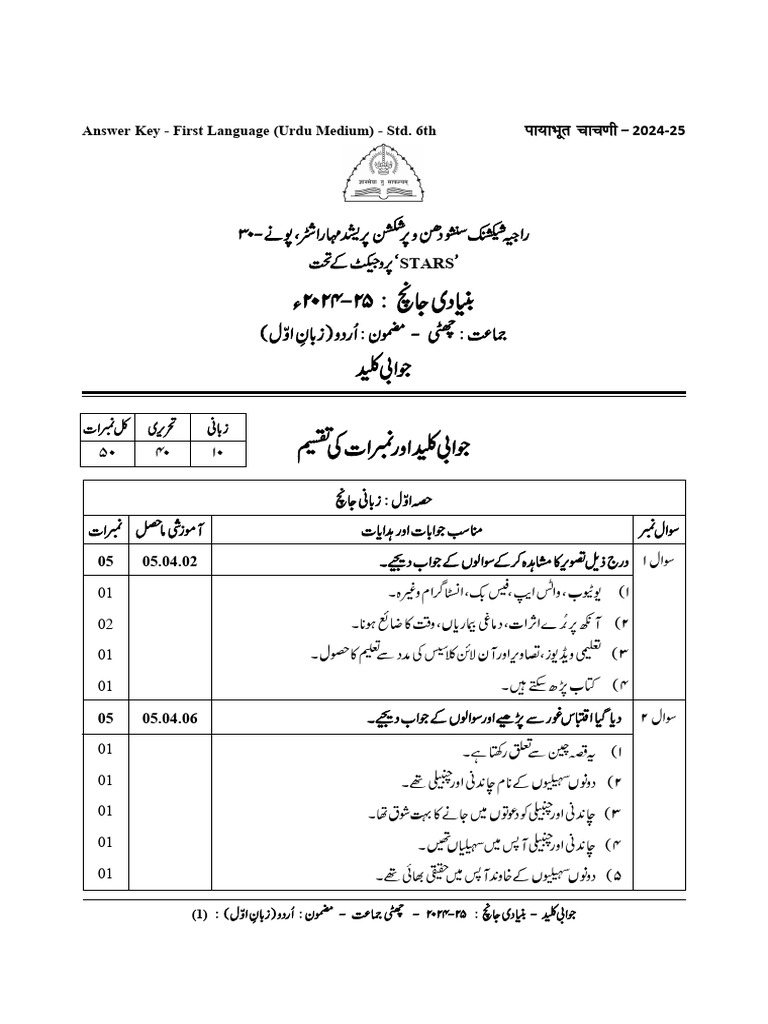 6 STD Urdu - Lang - Teachers Answerkey | PDF