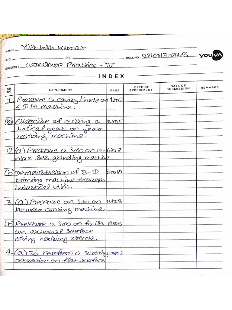 Workshop Practice - IV Practical File 5th Sem. | PDF