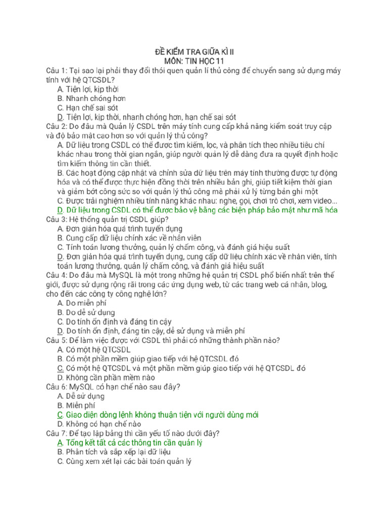 Đề ktra gk2 Tin11 | PDF