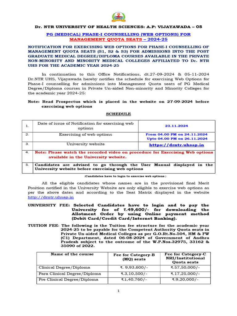 PG (Medical) MQ 2024-25 - Phase-I Web Options Notification | PDF | Fee ...