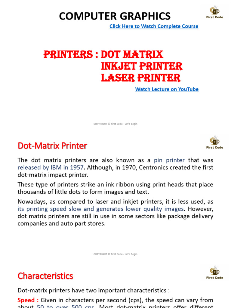 Lec-2.8 Printers - Dot Matrix, Inkjet and Laser Printer | PDF | Printer (Computing) | Office ...