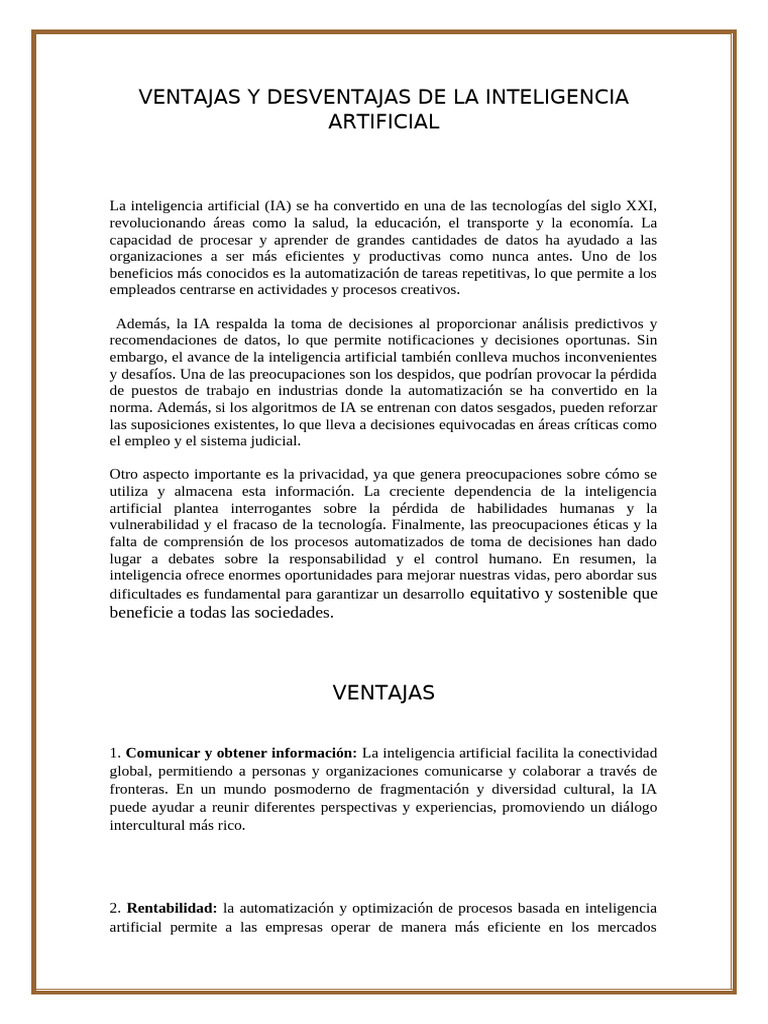 Ventajas y Desventajas de La Inteligencia Artificial | PDF ...