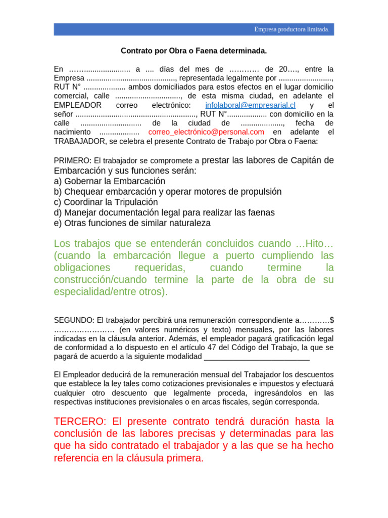 Modelo Contrato Por Obra o Faena | PDF | Salario