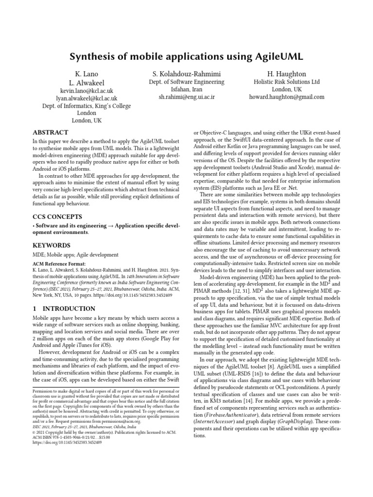 Lano2021 Synthesis Of Mobile App Using Agileuml Pdf Mobile App Class Computer Programming