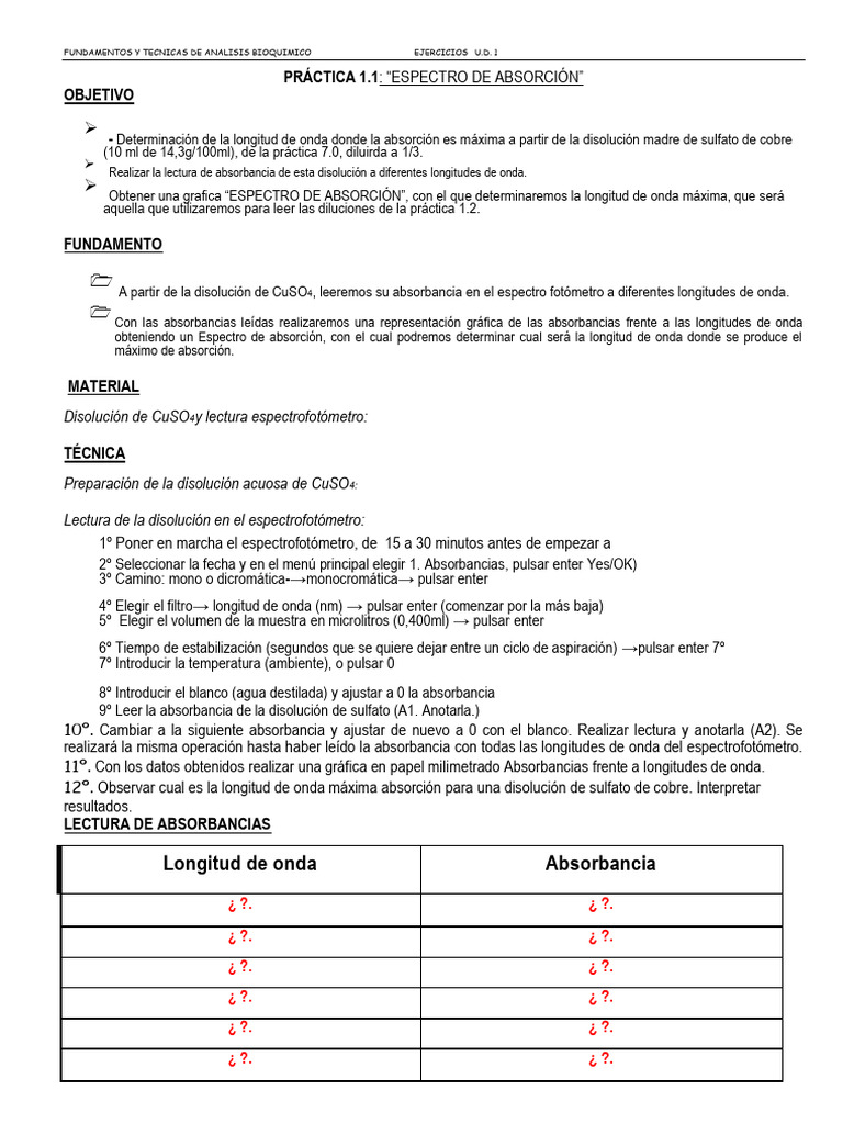 PR - 1 - 1-Espectro Absorción | PDF | Metrología | Óptica