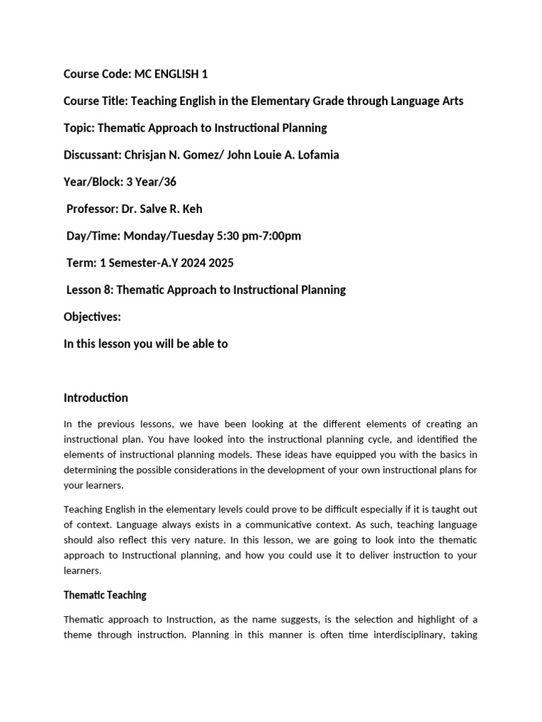 Lesson 8 Thematic Approach To Instructional Planning | PDF | Curriculum ...