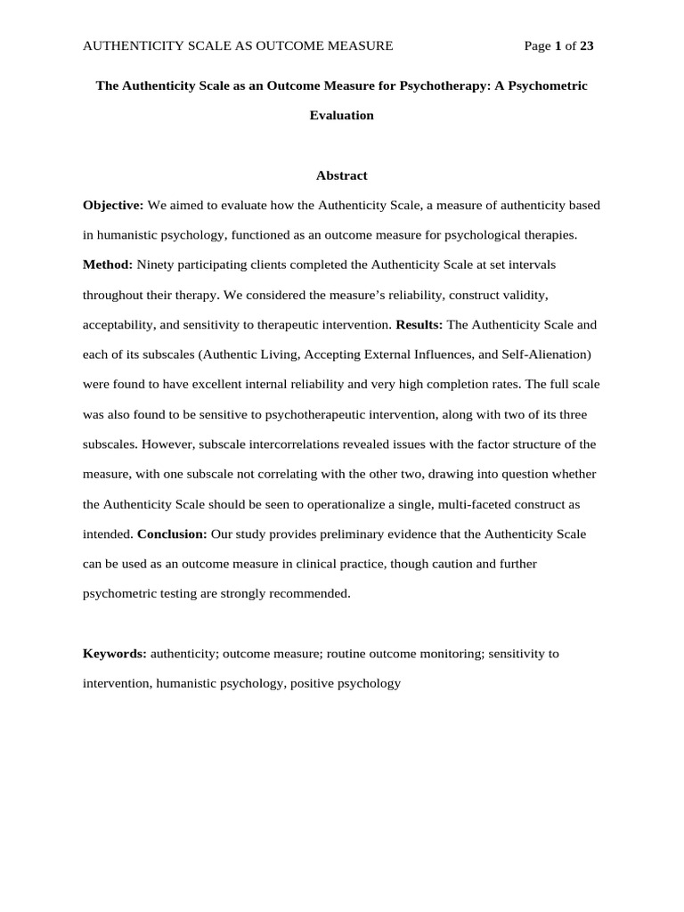Authenticity Scale in Psychotherapy Evaluation | PDF | Psychotherapy ...