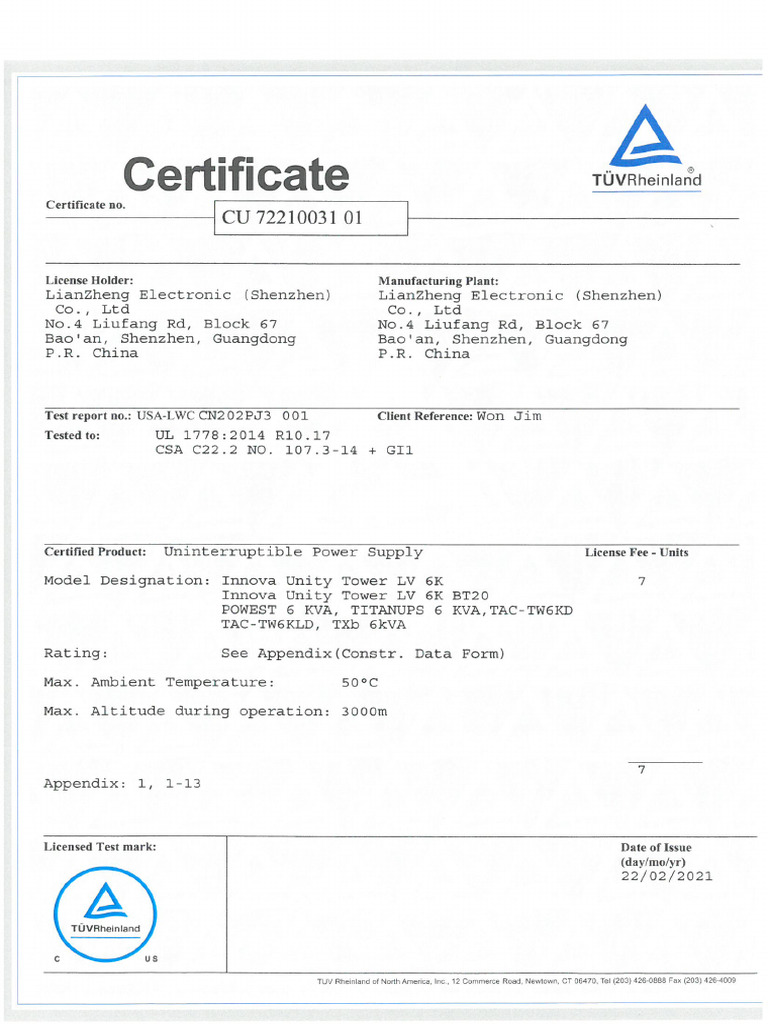 Certificado UL 1778 POWEST 6KVA FP 1 | PDF