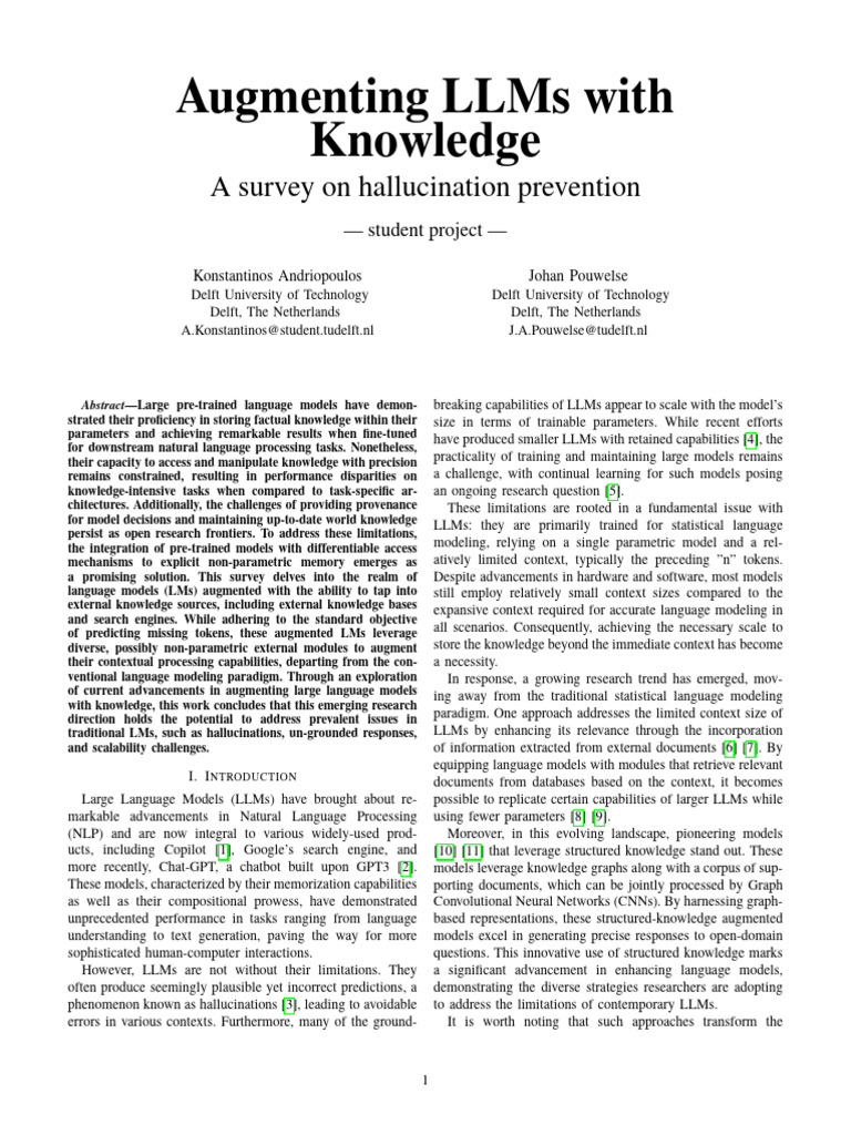 Augmenting LLMs With Knowledge - A Survey On Hallucination Prevention | PDF | Cognitive Science ...