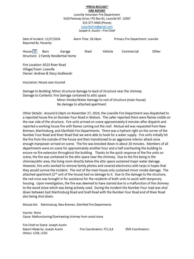 Lowville Volunteer Fire Department Number 4 Road - Incident Report - 11 ...