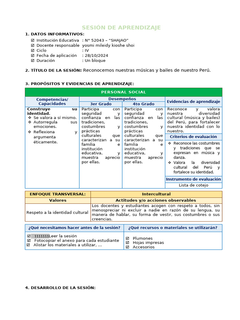 Sesiones de Aprendizaje - EDA VI Semana 4 - Editora Quipus Perú-1 | PDF | Bailes | Perú