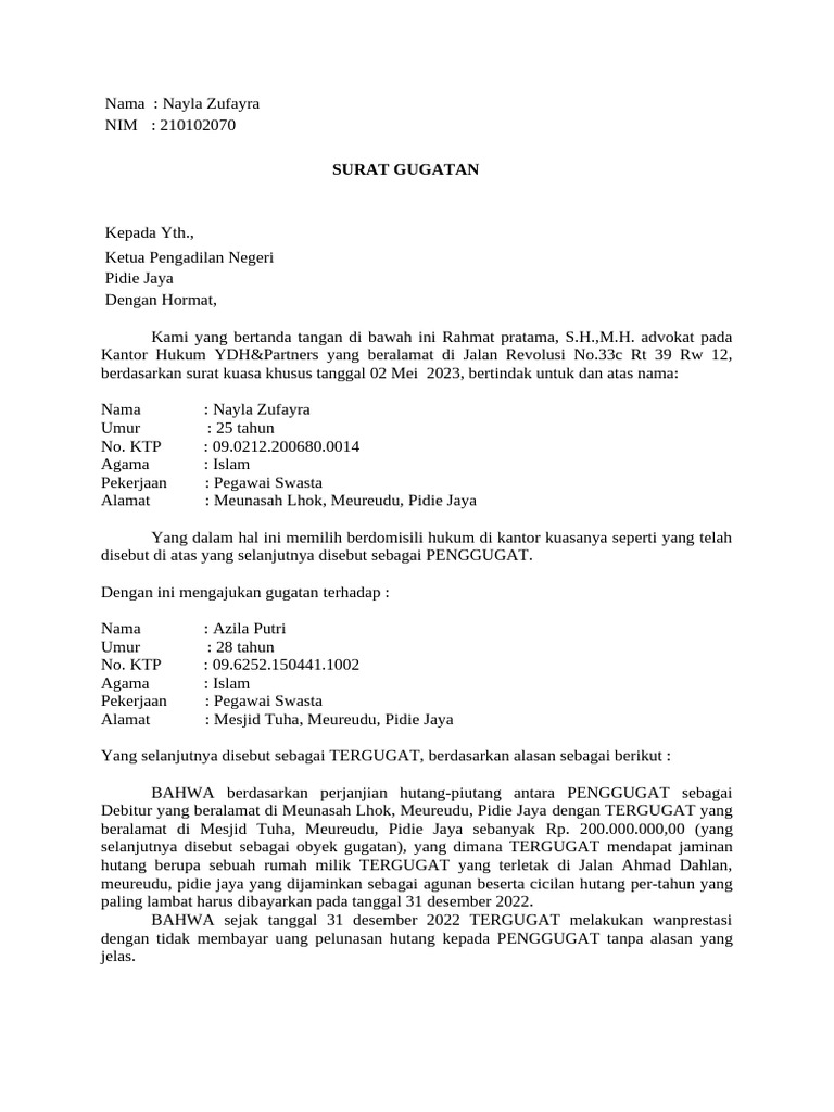 Nayla Zufayra-Surat Gugatan & Surat Kuasa | PDF