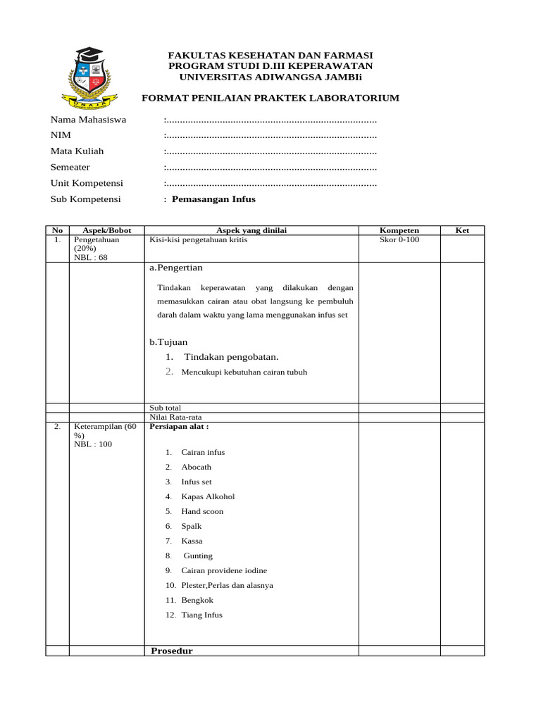 Penilaian Praktik Pemasangan Infus | PDF
