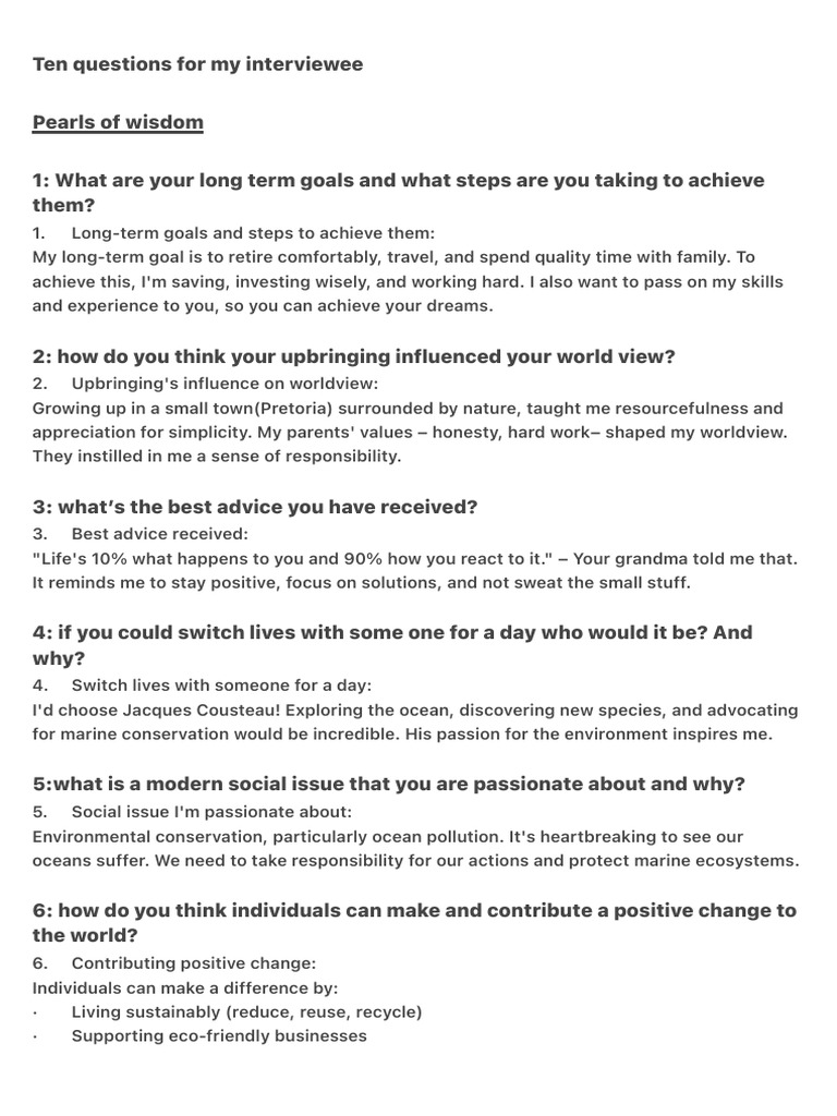 Ten Questions For My Interviewee | PDF | Natural Environment