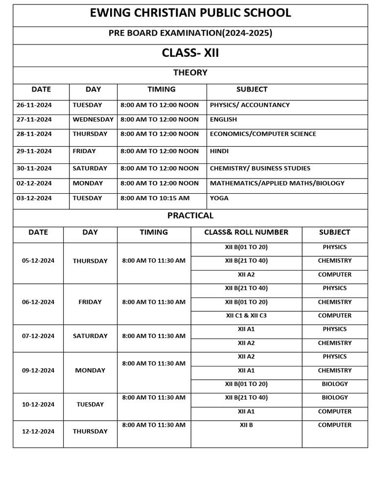 Pre-Board Time Table | PDF