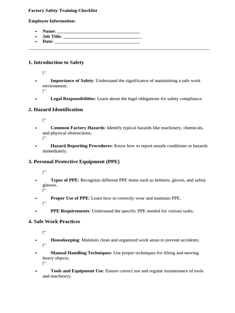 Factory Safety Training Checklist Guide | PDF | Personal Protective ...