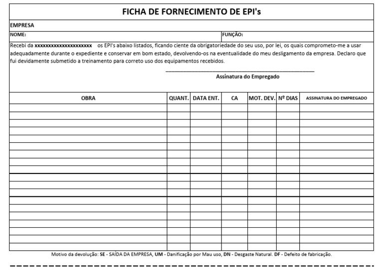 FICHA DE EPI - Modelo | PDF