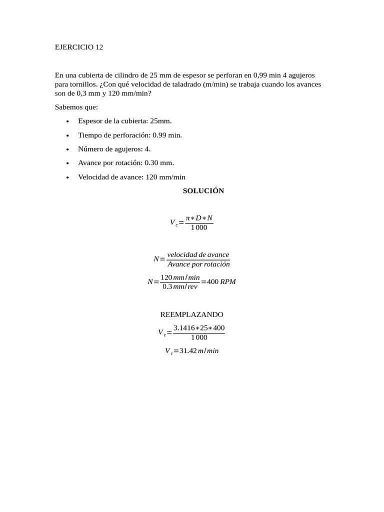 Velocidad De Taladrado En Cilindro Pdf