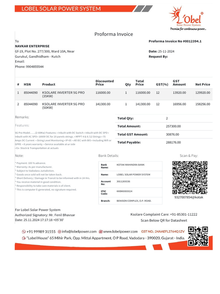 Proforma Invoice for Ksolare Inverters | PDF | Solar Power | Electrical Engineering