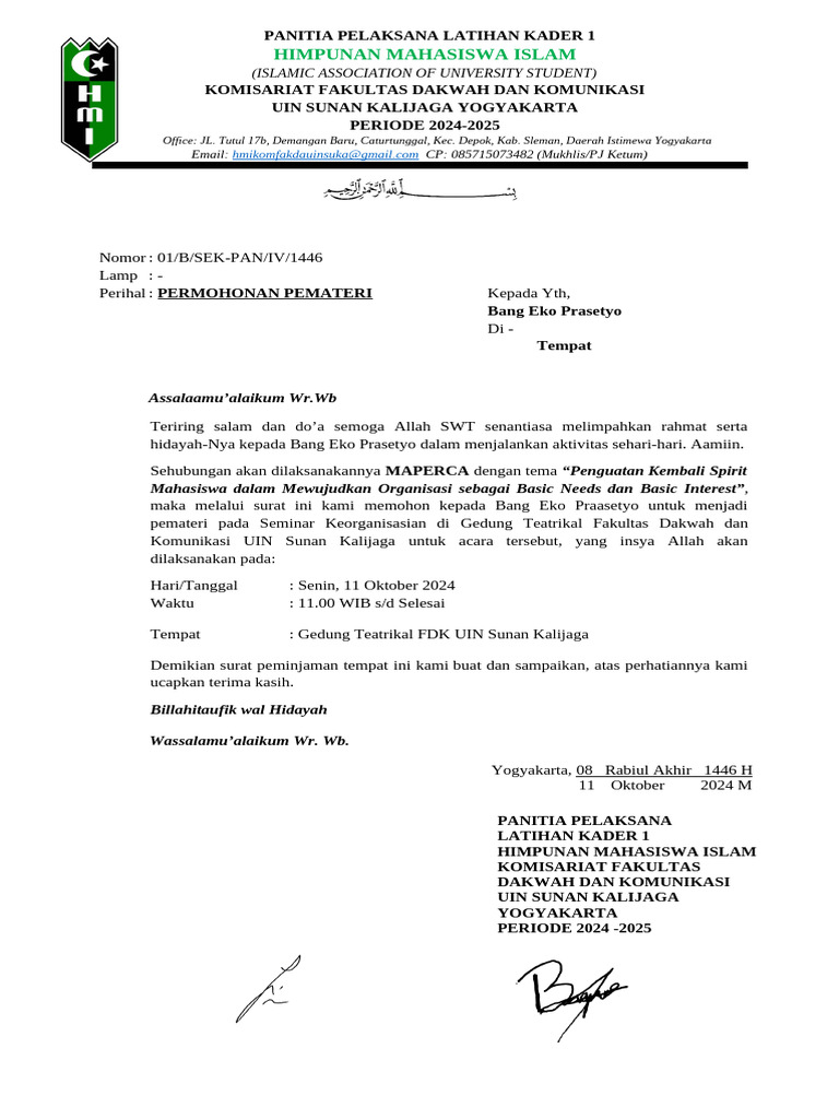 Permohonan Pemateri Seminar Keorganisasian | PDF