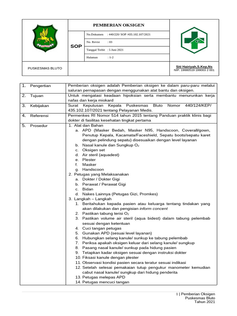 Pemberian Oksigen 2021 | PDF