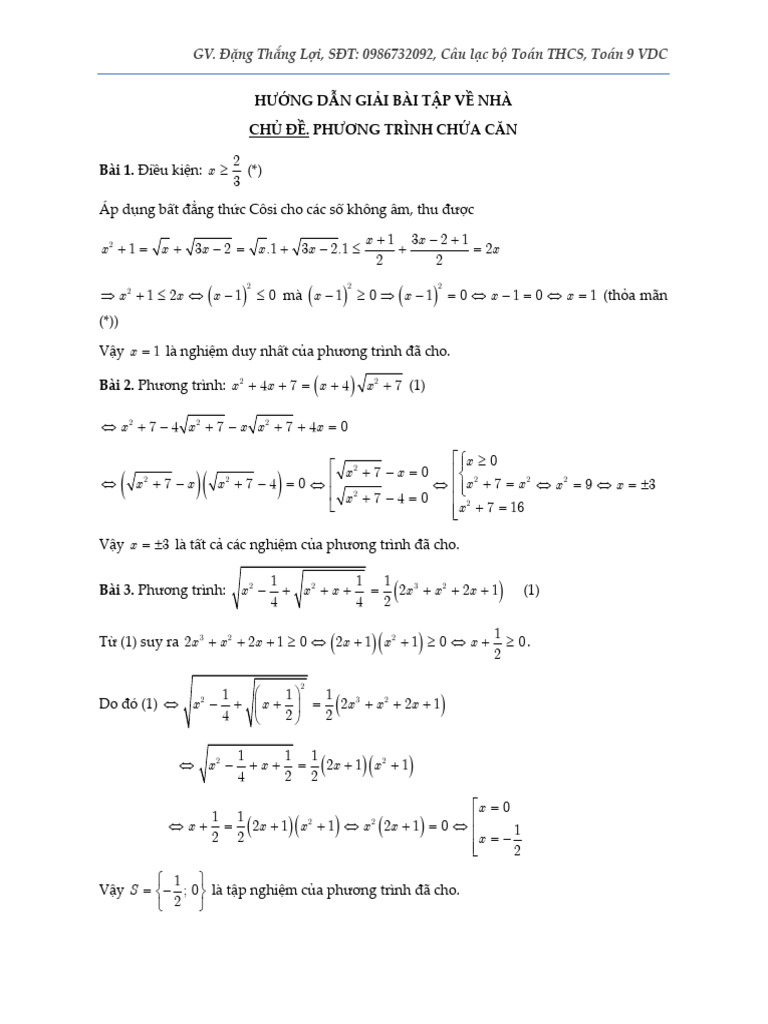 4. HDG BTVN Chủ Đề. Phương Trình Chứa Căn | PDF