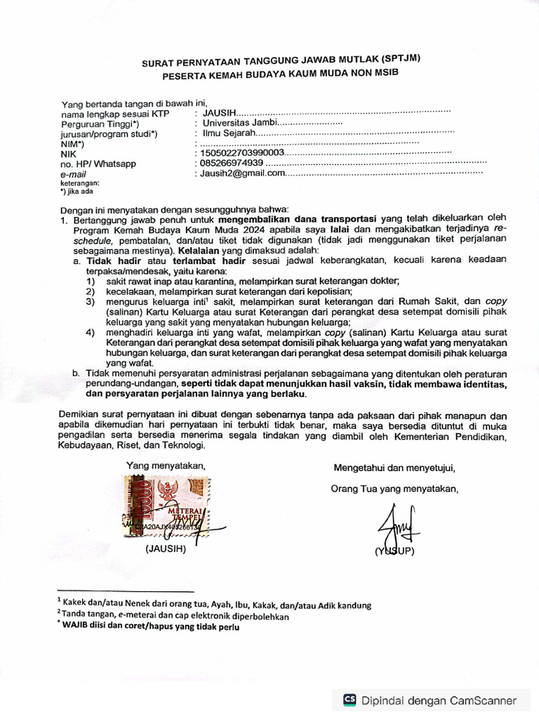 Surat SPTJM KBKM 2024 (Jausih) | PDF