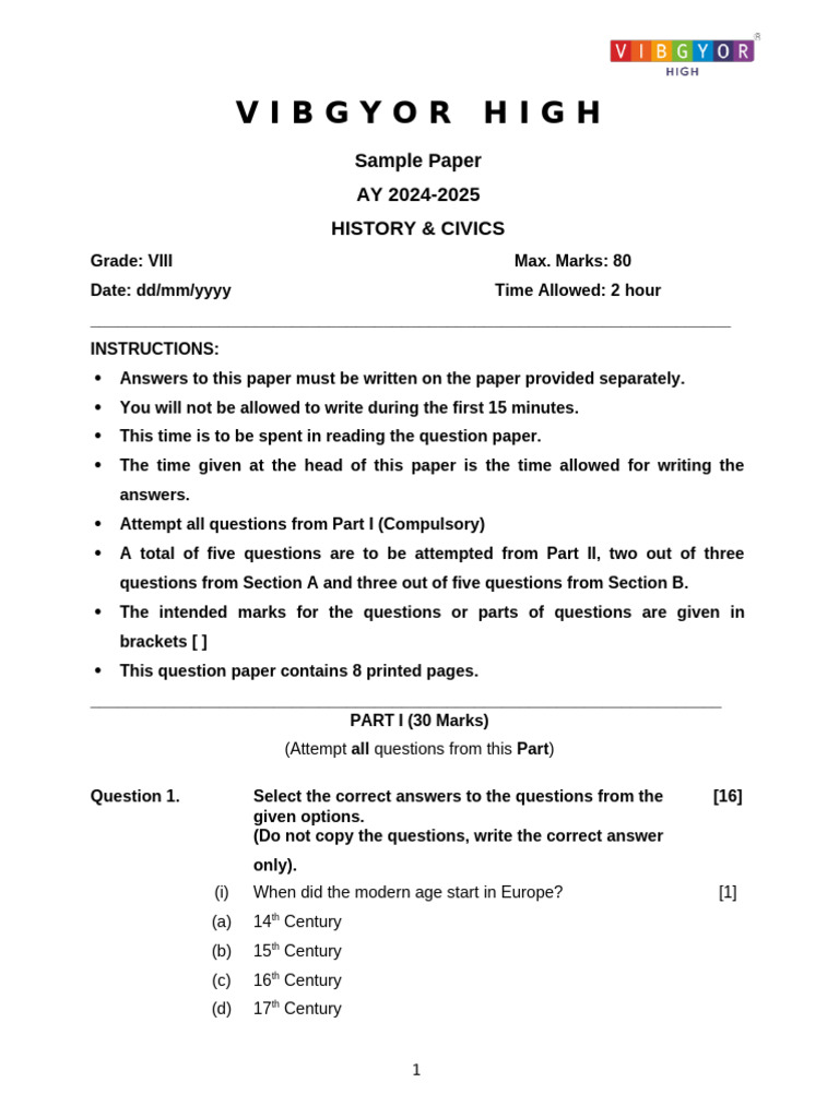 VH Gr8 History t1 Sample QP | PDF