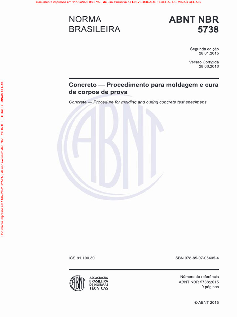 NBR 5738 - Procedimento de Moldagem e Cura de Corpos de Prova | PDF