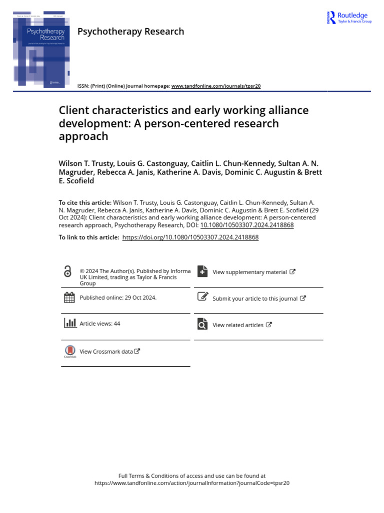Client Characteristics and Early Working Alliance Development A Person ...