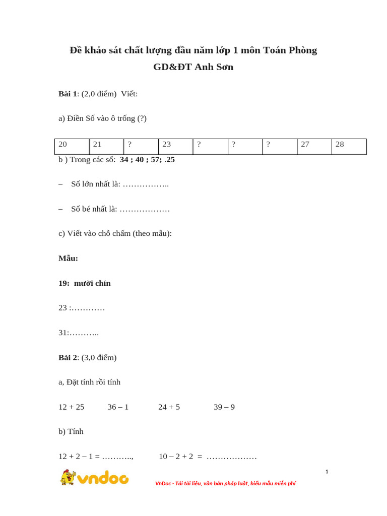 De Khao Sat Chat Luong Dau Nam Lop 1 Mon Toan | PDF