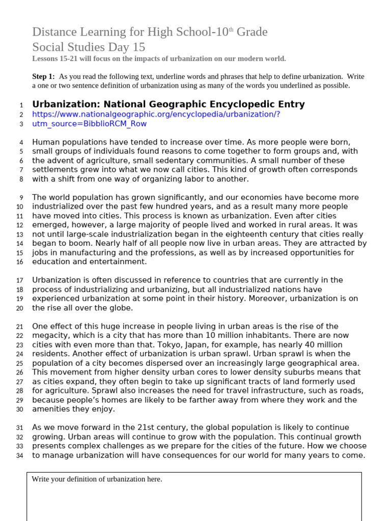 Hs 10th Lesson 15 Defining Urbanization Pdf Urban Sprawl Urbanization