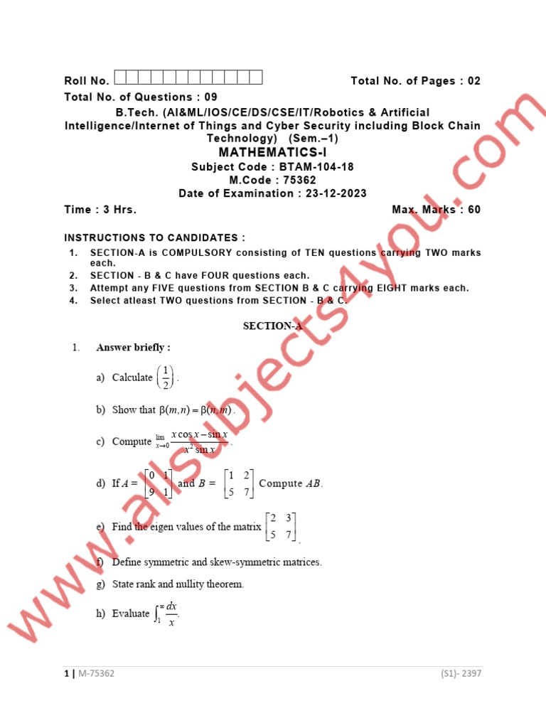 BTECH-SEM-1-BTAM-104-18 End Sem Final Question Paper Math Ptu Btech Cse 1st Sem | PDF | Matrix ...