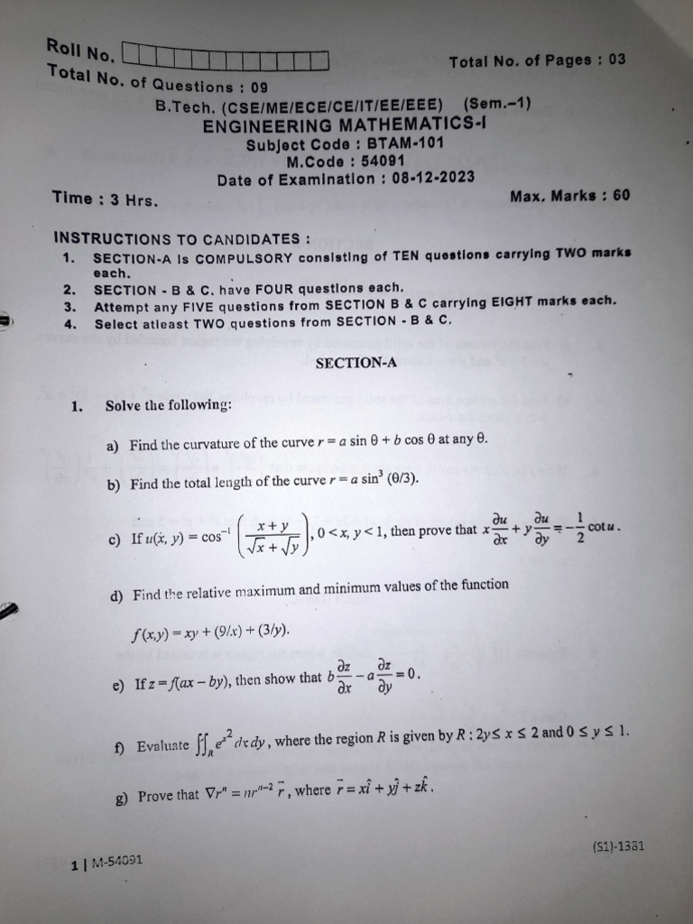 BTECH-SEM-1-BTAM-101 End Sem Final Question Paper Math Ptu Btech Cse ... BTECH-SEM-1-BTAM-101 End Sem Final Question Paper Math Ptu Btech Cse ...