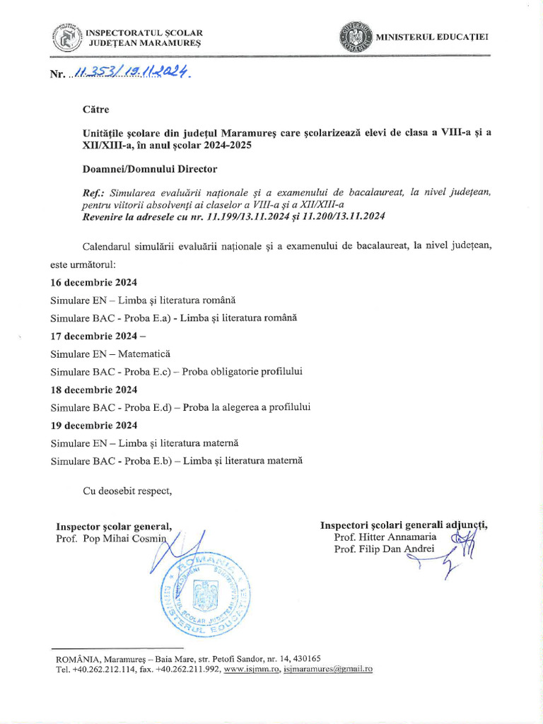 Calendar Simulare Evaluare Nationala Si Bacalaureat - Adresa ISJMM ...