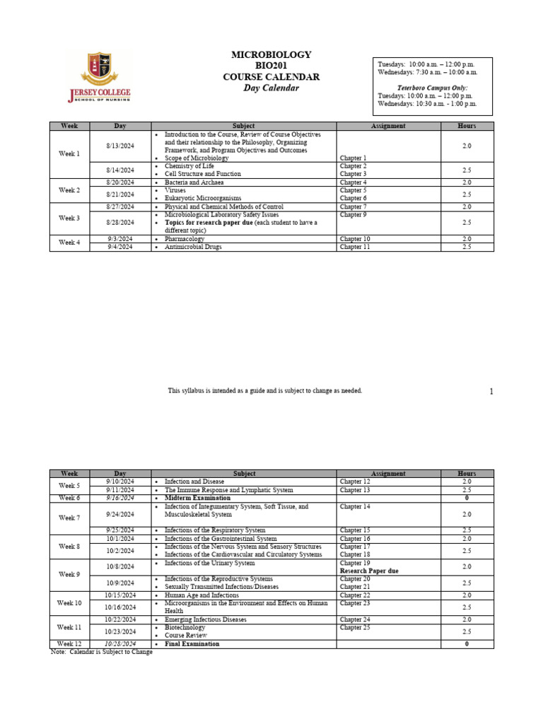 BIO201 - Microbiology - Calendar - Summer 2024 - Day | PDF | Infection ...