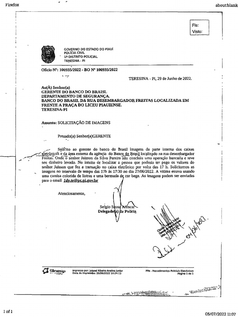 Ofício Banco Do Brasil - Bo 100935.2022 | PDF