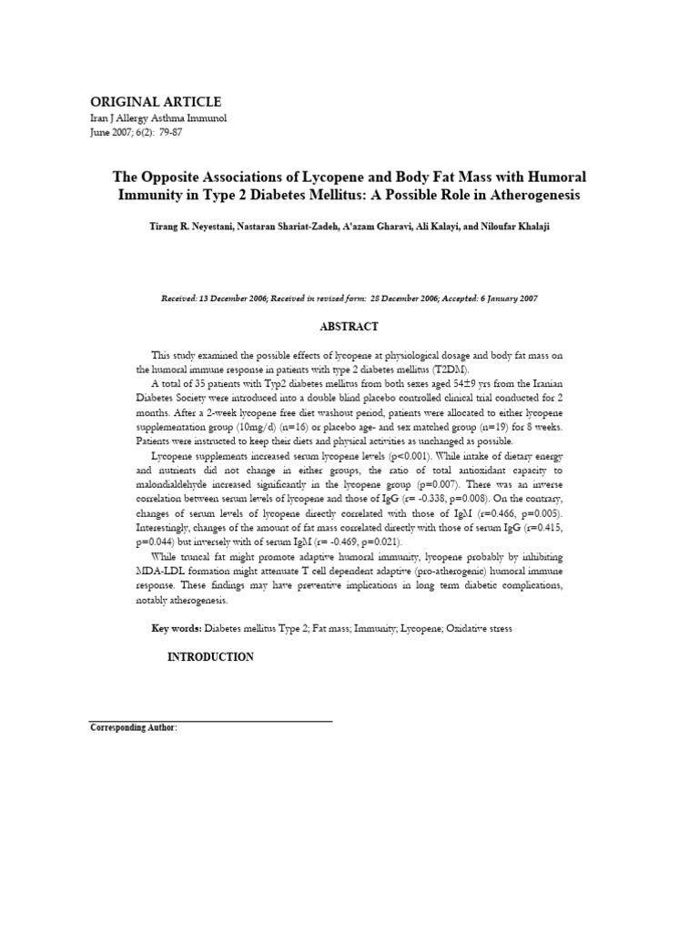 The Opposite Associations of Lycopene and Body Fat Mass With Humoral ...