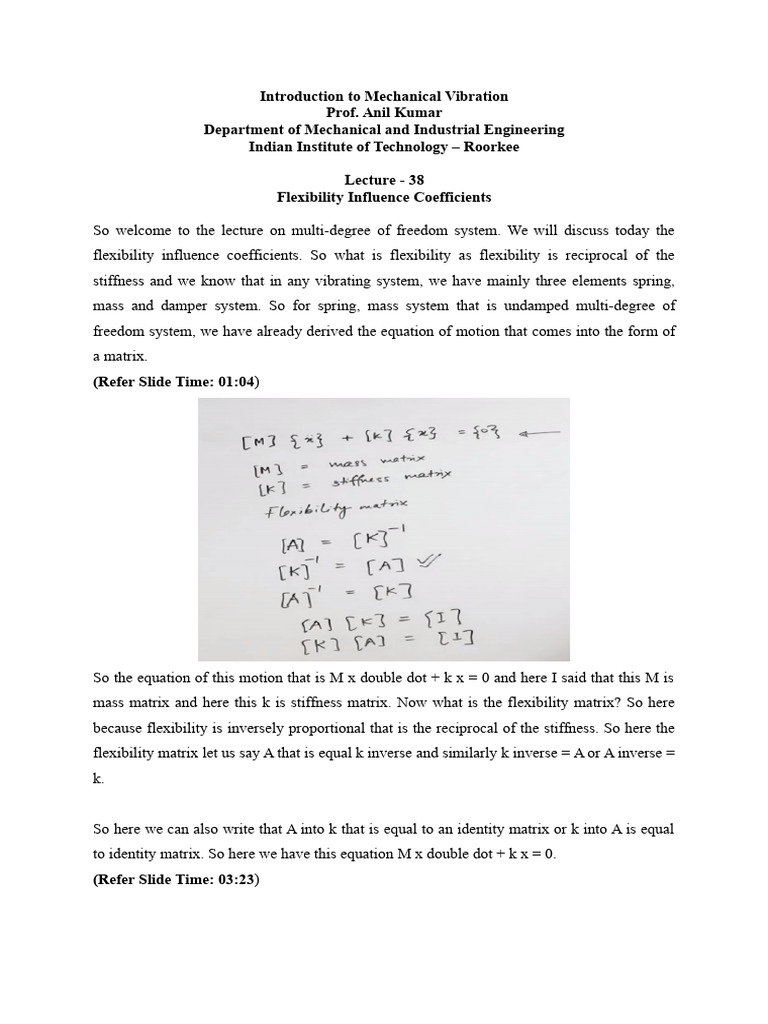 Introduction To Mechanical Vibration-Lec38 | PDF | Force | Matrix ...
